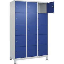 5er-Schlie&szlig;fachschrank Evolo PLUS, 3 Abteile, lichtgrau / enzianblau, B 1200 mm, 15 F&auml;cher, mit breiten F&uuml;&szlig;en, Zylinderschloss kaiserkraft