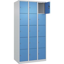 5er-Schlie&szlig;fachschrank Evolo PLUS, 3 Abteile, lichtgrau / lichtblau, B 900 mm, 15 F&auml;cher, mit Bodengleitern, Zylinderschloss kaiserkraft