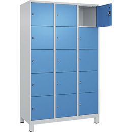 5er-Schlie&szlig;fachschrank Evolo PLUS, 3 Abteile, lichtgrau / lichtblau, B 1200 mm, 15 F&auml;cher, mit breiten F&uuml;&szlig;en, Zylinderschloss kaiserkraft