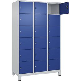 6er-Schlie&szlig;fachschrank Evolo PLUS, 3 Abteile, lichtgrau / enzianblau, B 1200 mm, 18 F&auml;cher, mit breiten F&uuml;&szlig;en, Zylinderschloss kaiserkraft