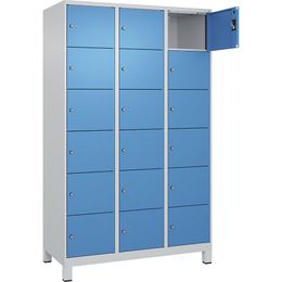6er-Schlie&szlig;fachschrank Evolo PLUS, 3 Abteile, lichtgrau / lichtblau, B 1200 mm, 18 F&auml;cher, mit breiten F&uuml;&szlig;en, Zylinderschloss kaiserkraft