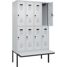 Doppelstock-Spind Evolo PLUS Sitzbank, 4 Abteile, lichtgrau / lichtgrau, B 1200 mm, Sicherheits-Drehriegel, mit auskragender Sitzbank, Kunststoff kaiserkraft