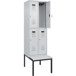 Doppelstock-Spind Evolo PLUS Sitzbank, 2 Abteile, lichtgrau / lichtgrau, B 600 mm, Zylinderschloss, mit untergebauter Sitzbank, Kunststoff kaiserkraft