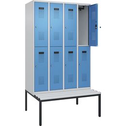 Doppelstock-Spind Evolo PLUS Sitzbank, 4 Abteile, lichtgrau / lichtblau, B 1200 mm, Zylinderschloss, mit untergebauter Sitzbank, Kunststoff kaiserkraft