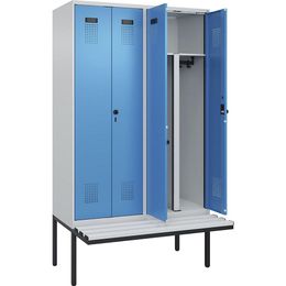 Schwarz-Wei&szlig;-Spind Evolo PLUS Sitzbank, 4 Abteile, Trennwand verk&uuml;rzt, lichtgrau / lichtblau, B 1200 mm, Sicherheits-Drehriegel, mit auskragender Sitzbank, Kunststoff kaiserkraft