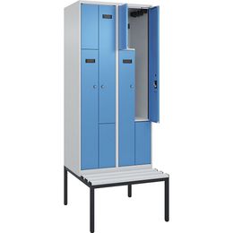 Z-Spind Evolo PLUS Sitzbank, 2 Abteile, lichtgrau / lichtblau, B 800 mm, Zylinderschloss, mit untergebauter Sitzbank, Kunststoff kaiserkraft