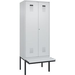 Schwarz-Wei&szlig;-Spind Evolo PLUS Sitzbank, 2 Abteile, Trennwand verk&uuml;rzt, lichtgrau / lichtgrau, B 800 mm, Zylinderschloss, mit auskragender Sitzbank, Kunststoff kaiserkraft