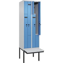 Z-Spind Evolo PLUS Sitzbank, 2 Abteile, lichtgrau / lichtblau, B 600 mm, Sicherheits-Drehriegel, mit auskragender Sitzbank, Kunststoff kaiserkraft