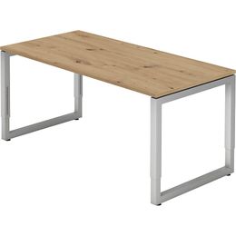 eurokraft pro Schreibtisch mit Gestell aus Vierkant-Stahlrohr, Höhe 650 - 850 mm, BxT 1600 x 800 mm, Asteiche / alusilber