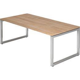 eurokraft pro Schreibtisch mit Gestell aus Vierkant-Stahlrohr, Höhe 650 - 850 mm, BxT 2000 x 1000 mm, Nussbaum / alusilber