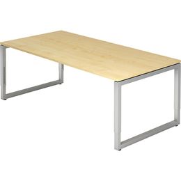 eurokraft pro Schreibtisch mit Gestell aus Vierkant-Stahlrohr, Höhe 650 - 850 mm, BxT 2000 x 1000 mm, Ahorn / alusilber