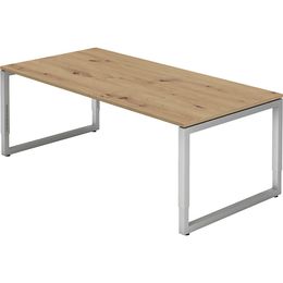 eurokraft pro Schreibtisch mit Gestell aus Vierkant-Stahlrohr, Höhe 650 - 850 mm, BxT 2000 x 1000 mm, Asteiche / alusilber