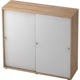 eurokraft pro Schiebet&uuml;renschrank, 2 Fachb&ouml;den, Mitteltrennwand, Dekor Nussbaum / alusilber