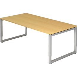 eurokraft pro Schreibtisch mit Gestell aus Vierkant-Stahlrohr, Höhe 650 - 850 mm, BxT 2000 x 1000 mm, Buche / alusilber