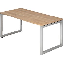 eurokraft pro Schreibtisch mit Gestell aus Vierkant-Stahlrohr, Höhe 650 - 850 mm, BxT 1600 x 800 mm, Nussbaum / alusilber