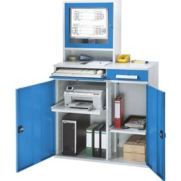 eurokraft pro Computer-Arbeitsstation, Stahlblech, HxB 1770 x 1100 mm, mit Monitorgehäuse, Türfarbe Lichtblau
