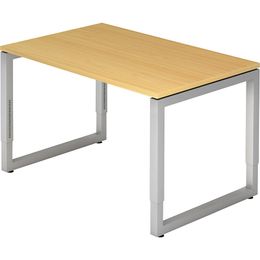 eurokraft pro Schreibtisch mit Gestell aus Vierkant-Stahlrohr, Höhe 650 - 850 mm, BxT 1200 x 800 mm, Buche / alusilber