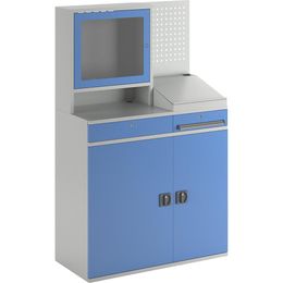 eurokraft pro Computer-Arbeitsstation, Stahlblech, HxB 1770 x 1100 mm, mit Monitorgeh&auml;use, Lochwand, Pultaufsatz, T&uuml;rfarbe Lichtblau