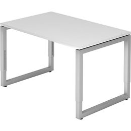 eurokraft pro Schreibtisch mit Gestell aus Vierkant-Stahlrohr, Höhe 650 - 850 mm, BxT 1200 x 800 mm, weiß / alusilber