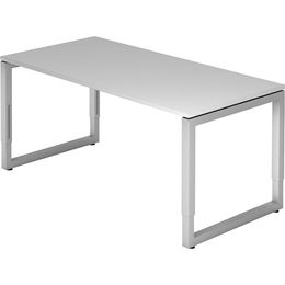 eurokraft pro Schreibtisch mit Gestell aus Vierkant-Stahlrohr, Höhe 650 - 850 mm, BxT 1600 x 800 mm, lichtgrau / alusilber