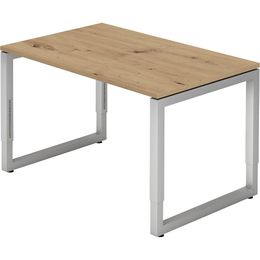 eurokraft pro Schreibtisch mit Gestell aus Vierkant-Stahlrohr, Höhe 650 - 850 mm, BxT 1200 x 800 mm, Asteiche / alusilber