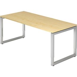 eurokraft pro Schreibtisch mit Gestell aus Vierkant-Stahlrohr, Höhe 650 - 850 mm, BxT 1800 x 800 mm, Ahorn / alusilber