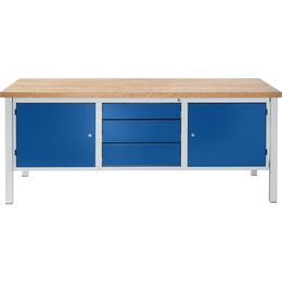 Werkbank, Breite 2000 mm, 3 Schubladen: 1 x 125 / 2 x 175 mm, 2 T&uuml;ren 475 mm, lichtgrau / enzianblau kaiserkraft