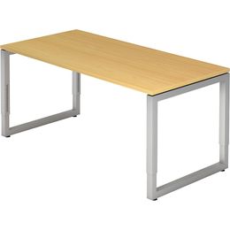 eurokraft pro Schreibtisch mit Gestell aus Vierkant-Stahlrohr, Höhe 650 - 850 mm, BxT 1600 x 800 mm, Buche / alusilber