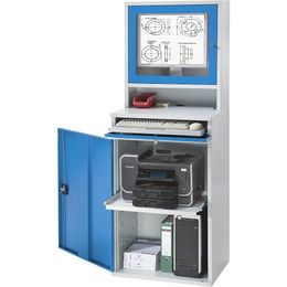 eurokraft pro Computer-Arbeitsstation, Stahlblech, HxB 1770 x 650 mm, mit Monitorgehäuse, Türfarbe Lichtblau