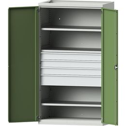 eurokraft pro Schwerlastschrank aus Stahl, 3 Fachböden, Schubladen 3 x 120 mm, 1 x 180 mm hoch, lichtgrau/resedagrün