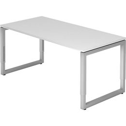 eurokraft pro Schreibtisch mit Gestell aus Vierkant-Stahlrohr, Höhe 650 - 850 mm, BxT 1600 x 800 mm, weiß / alusilber