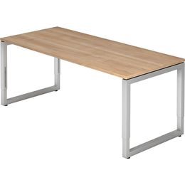 eurokraft pro Schreibtisch mit Gestell aus Vierkant-Stahlrohr, Höhe 650 - 850 mm, BxT 1800 x 800 mm, Nussbaum / alusilber