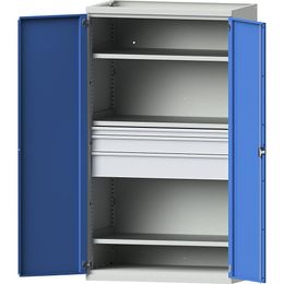 eurokraft pro Schwerlastschrank aus Stahl, 3 Fachböden, Schubladen 1 x 60 mm, 1 x 120 mm, 1 x 180 mm hoch, lichtgrau/lichtblau