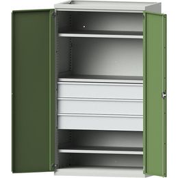 eurokraft pro Schwerlastschrank aus Stahl, 3 Fachböden, 3 Schubladen 180 mm hoch, lichtgrau/resedagrün