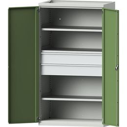 eurokraft pro Schwerlastschrank aus Stahl, 3 Fachböden, 2 Schubladen 180 mm hoch, lichtgrau/resedagrün