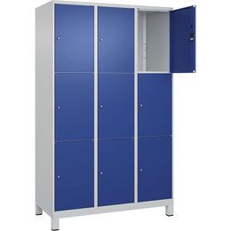 C+P 3er-Schlie&szlig;fachschrank Classic PLUS, 3 Abteile, lichtgrau / enzianblau, B 1200 mm, 9 F&auml;cher, mit F&uuml;&szlig;en