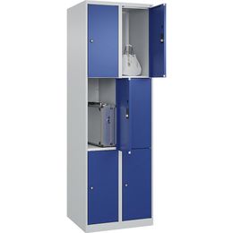 C+P 3er-Schlie&szlig;fachschrank Classic PLUS, 2 Abteile, lichtgrau / enzianblau, B 600 mm, 6 F&auml;cher, mit Bodengleitern