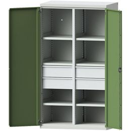 eurokraft pro Schwerlastschrank aus Stahl, 6 Fachböden, 4 Schubladen 180 mm hoch, lichtgrau/resedagrün