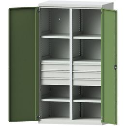 eurokraft pro Schwerlastschrank aus Stahl, 6 Fachböden, 6 Schubladen 120 mm hoch, lichtgrau/resedagrün
