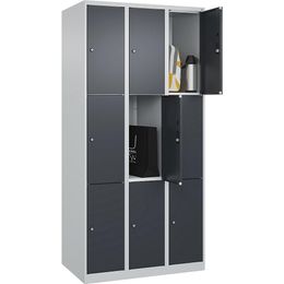 C+P 3er-Schlie&szlig;fachschrank Classic PLUS, 3 Abteile, lichtgrau / grau, B 900 mm, 9 F&auml;cher, mit Bodengleitern