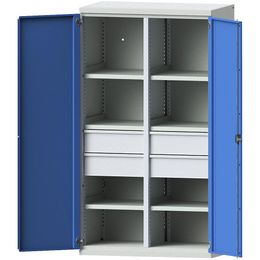 eurokraft pro Schwerlastschrank aus Stahl, 6 Fachböden, 4 Schubladen 180 mm hoch, lichtgrau/lichtblau