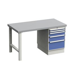 treston Werkbank, Baukastensystem, mit Schubladenblock, Stahlblech-Platte, BxT 1500 x 750 mm