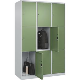C+P 3er-Schlie&szlig;fachschrank Classic PLUS, 3 Abteile, lichtgrau / resedagr&uuml;n, B 1200 mm, 9 F&auml;cher, mit Bodengleitern