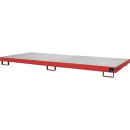 eurokraft pro Regal-Bodenwanne, 240 l Auffangvolumen, LxBxH 3250 x 1300 x 195 mm, mit Gitterrost, feuerrot