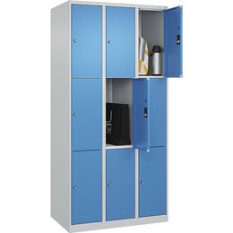 C+P 3er-Schlie&szlig;fachschrank Classic PLUS, 3 Abteile, lichtgrau / lichtblau, B 900 mm, 9 F&auml;cher, mit Bodengleitern