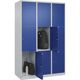 C+P 3er-Schlie&szlig;fachschrank Classic PLUS, 3 Abteile, lichtgrau / enzianblau, B 1200 mm, 9 F&auml;cher, mit Bodengleitern