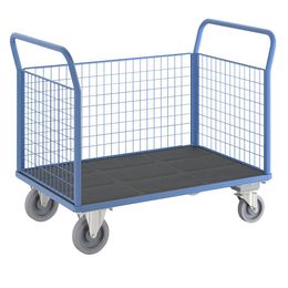 eurokraft pro Plattformwagen, 3 hohe Gitterw&auml;nde, mit Zentralstopp, LxB 1350 x 800 mm