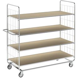 Kongamek ESD-Etagenwagen, lange Ausführungen, 4 Lenkrollen, 4 Ladeflächen, LxBxH 1195 x 470 x 1120 mm, 2 mit Stopp