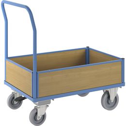 eurokraft pro Plattformwagen mit Holzw&auml;nden, mit 4 halbhohen W&auml;nden, Zentralstopp, LxB 1100 x 700 mm, Vollelastik
