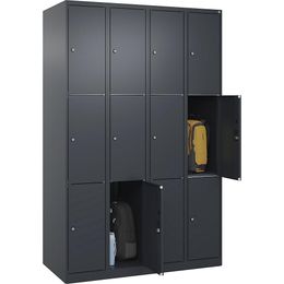 C+P 3er-Schlie&szlig;fachschrank Classic PLUS, 4 Abteile, grau, B 1200 mm, 12 F&auml;cher, mit Bodengleitern